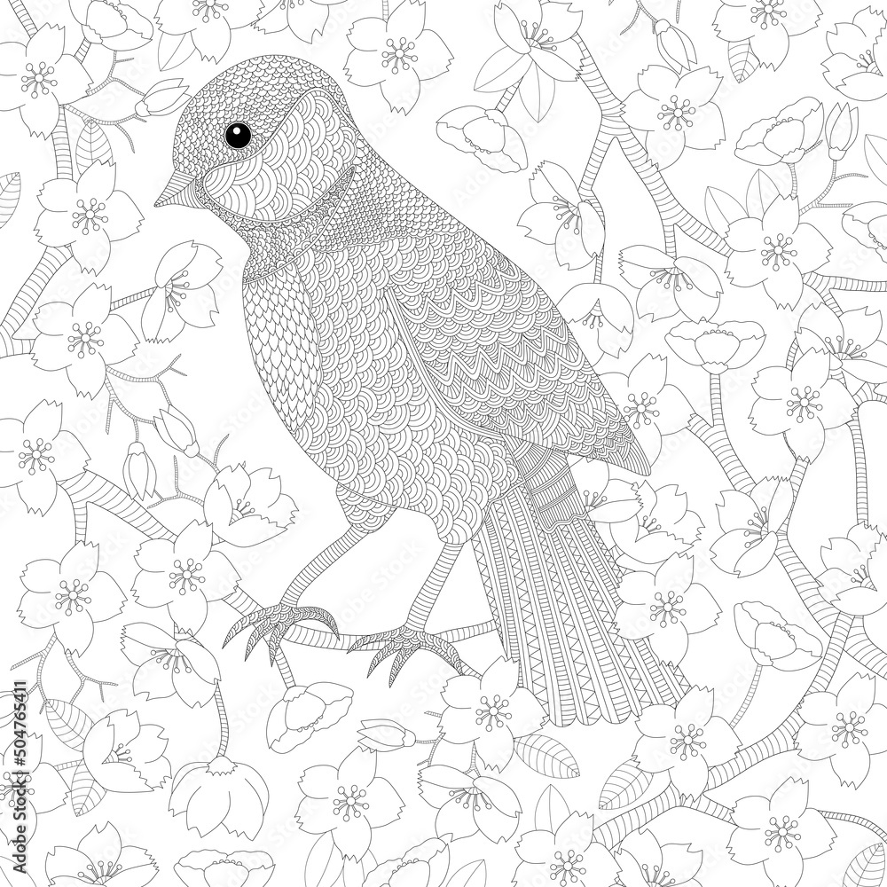 Coloring page with bird and flowers, antistress coloring sheet. Can be ...