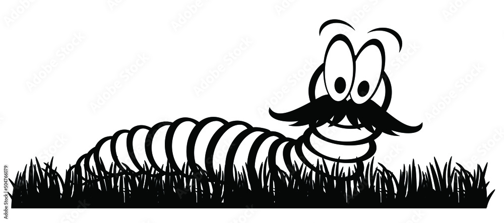 Cartoon happy worm with moustache or beard in grass. crawling worm ...