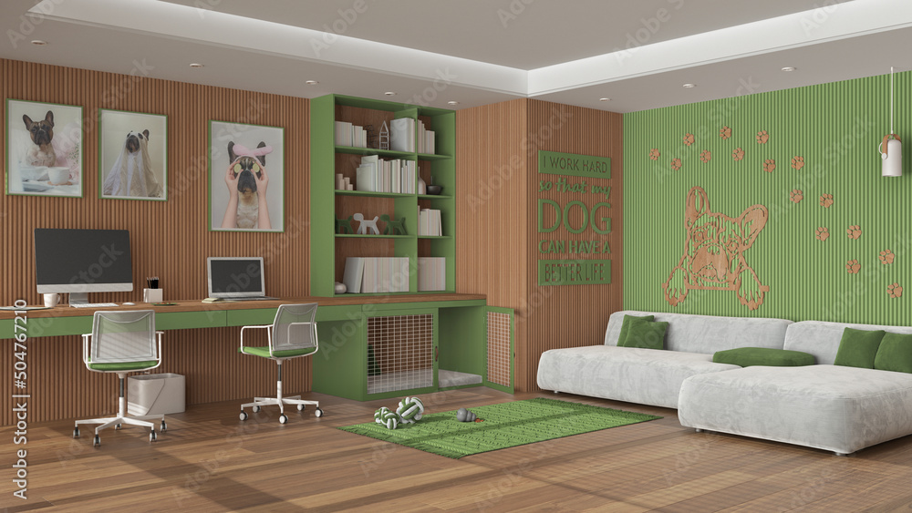 Pet friendly green and wooden corner office, desk, chairs, bookshelf ...