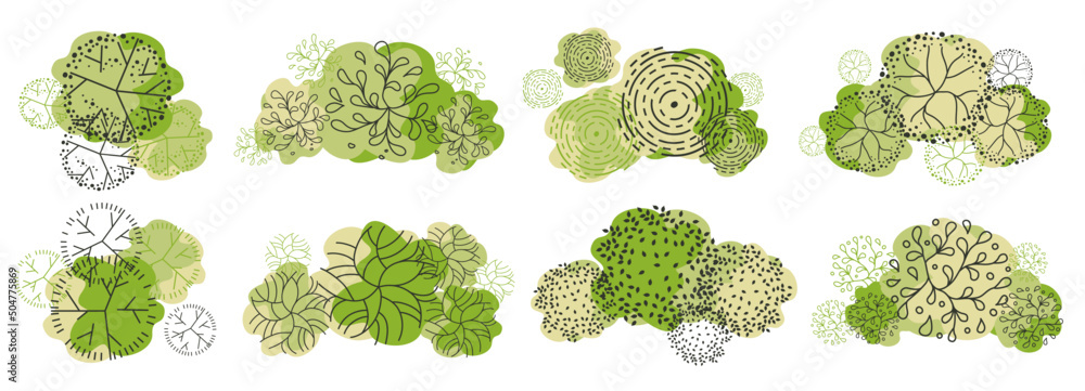 Trees top view. Entourage design. Various trees, bushes, and shrubs ...