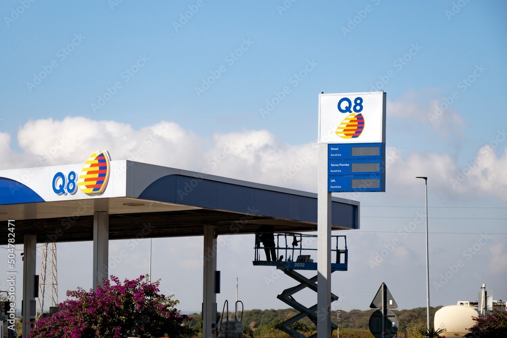 The banner of Q8 gas station with prices of gasoline and diesel fuel ...