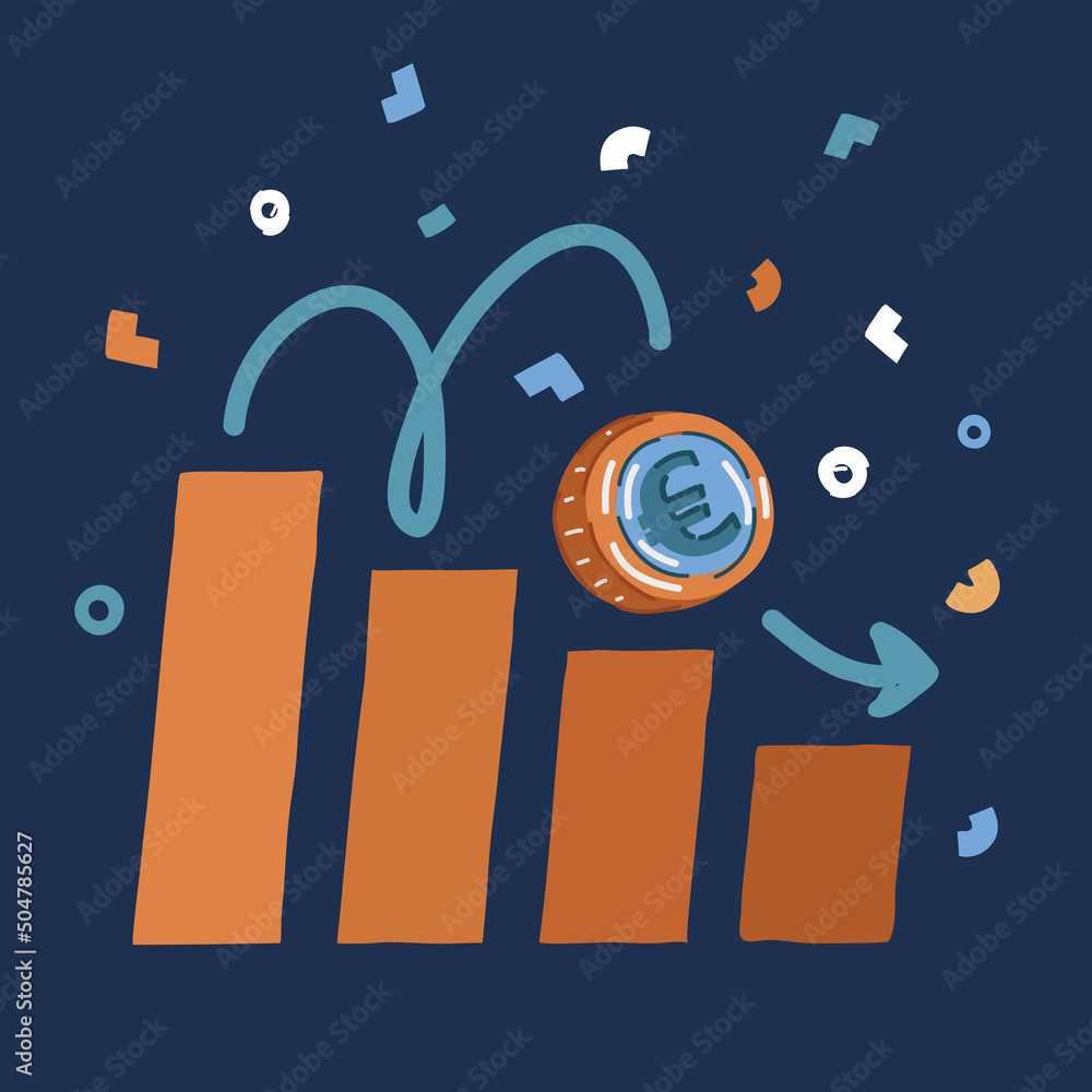 Cartoon vector illustration of Decreasing value of euro. Cost reduction ...