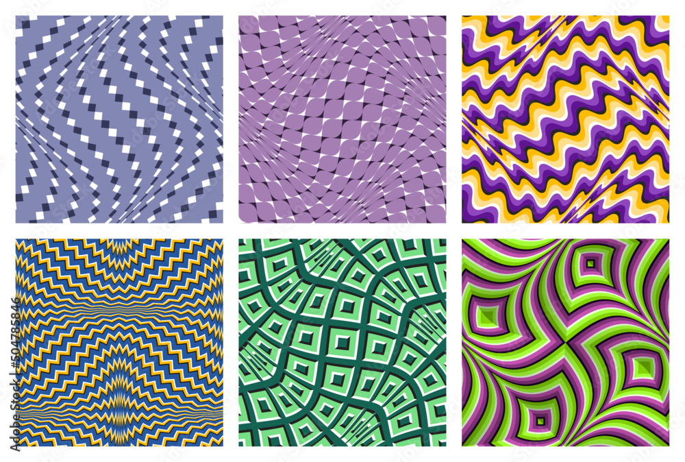 Colored optical illusion seamless patterns set. Moving fabric swatches ...