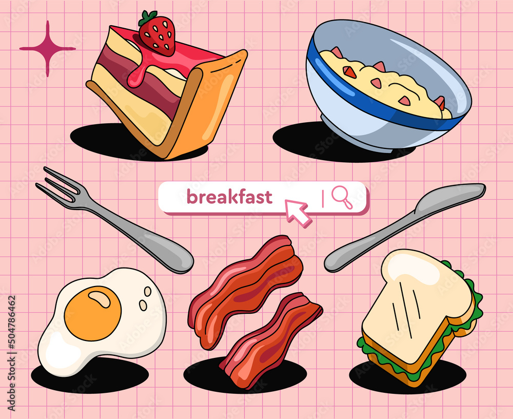 Breakfast concept. Drawn delicious breakfast of scrambled eggs, bacon ...