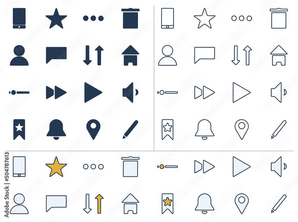 Vector UI icon set in three different styles. User interface symbols in doodle style isolated on ...