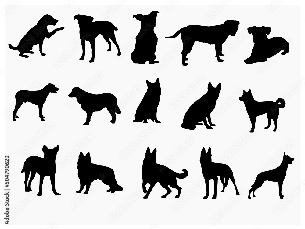 Standing Dog Silhouette Icons set of big dog in basic poses (sit, lie ...