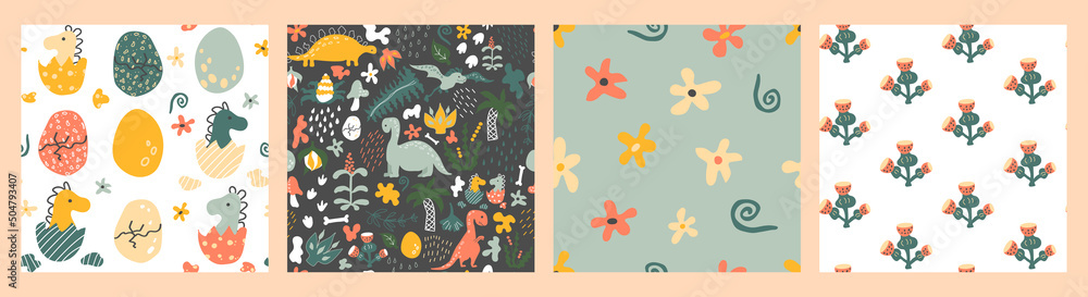 Set of 4 Dino patterns. Little dino, cracked egg, dinosaurs, fantasy ...