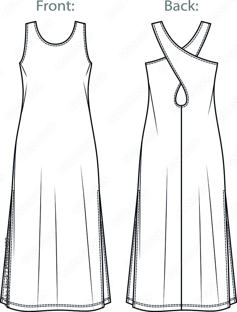 Vector maxi dress with side slits technical drawing, long summer dress ...