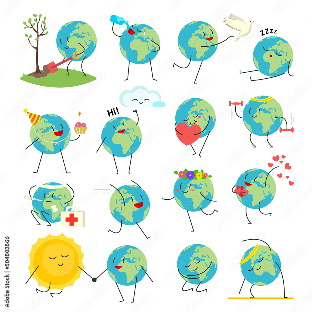 Set of cartoon earth planet characters with different emotions and ...