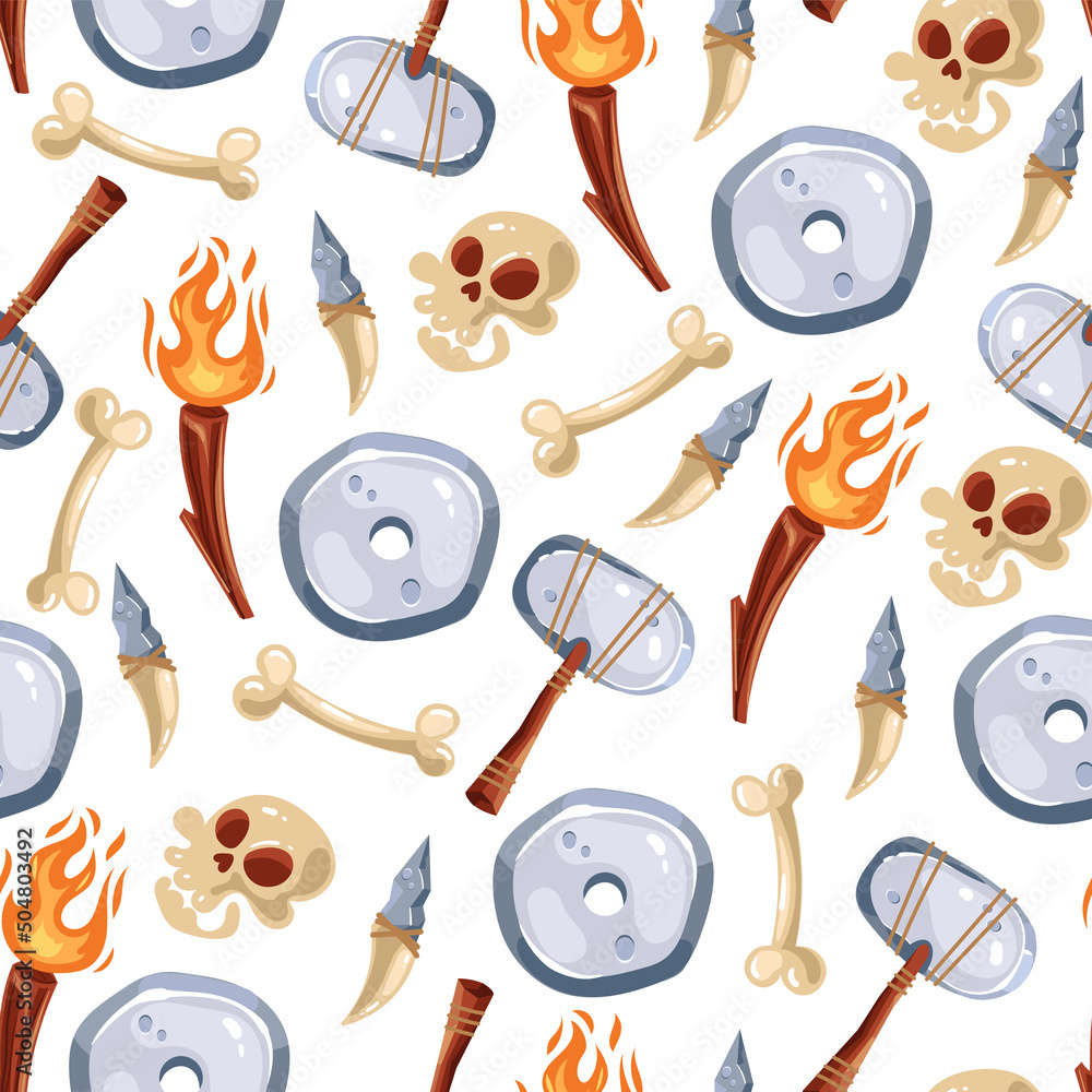 Stone age human caveman remain seamless pattern. Vector flat cartoon ...