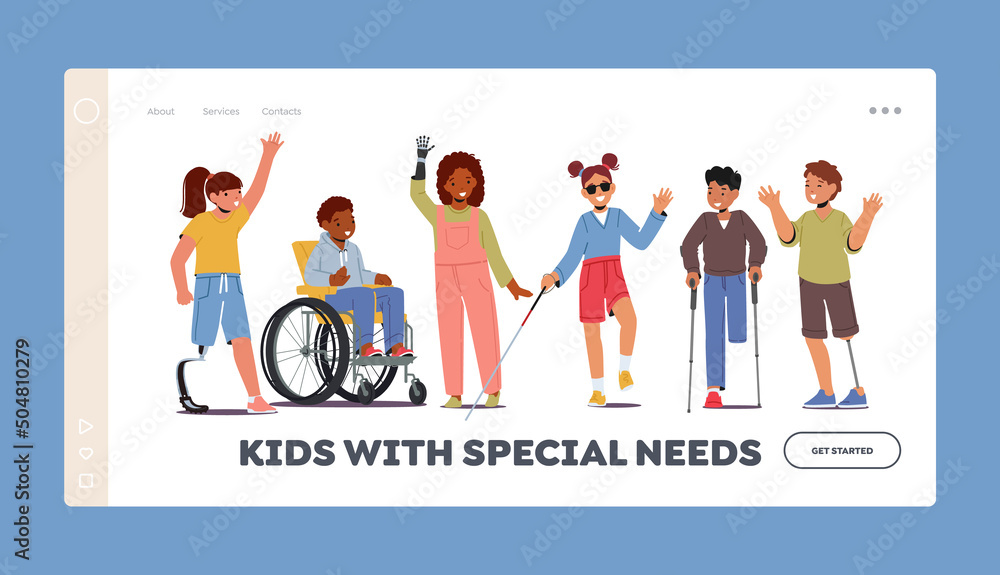 Kids Disability Landing Page Template. Disabled Children Characters on ...
