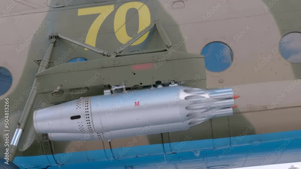 The block of unguided aircraft missiles of the Mi-8 military helicopter ...