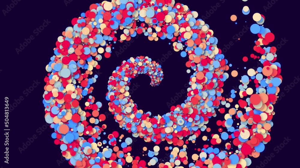 Spiral structure. Multicolored round particles fly from emitter on ...