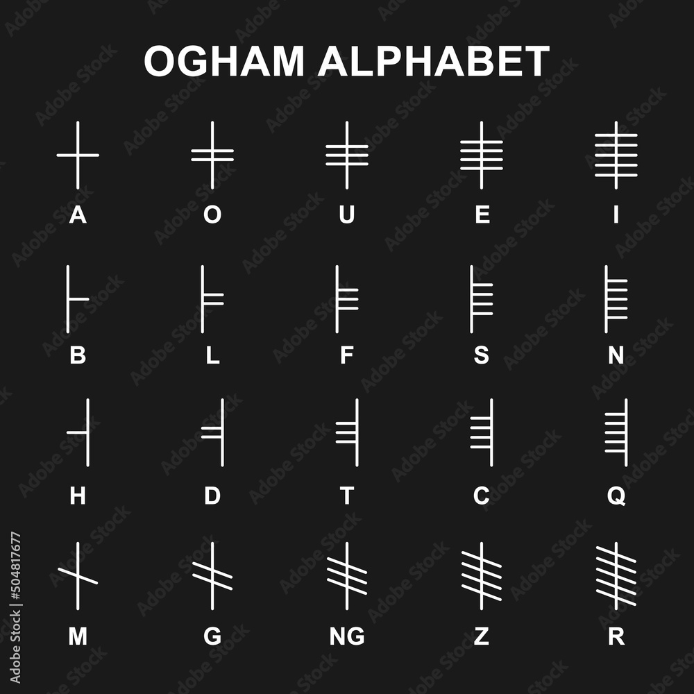 Ancient Ogham Alphabet. Designed On Black Background. Vector ...