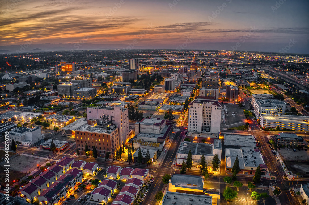 Aerial View of the Fresno, California Skyline at Dusk Stock Photo ...