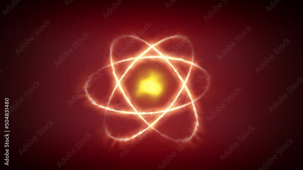 Glowing Energy Atom Model Animation with Fire Spark Flames on dark ...