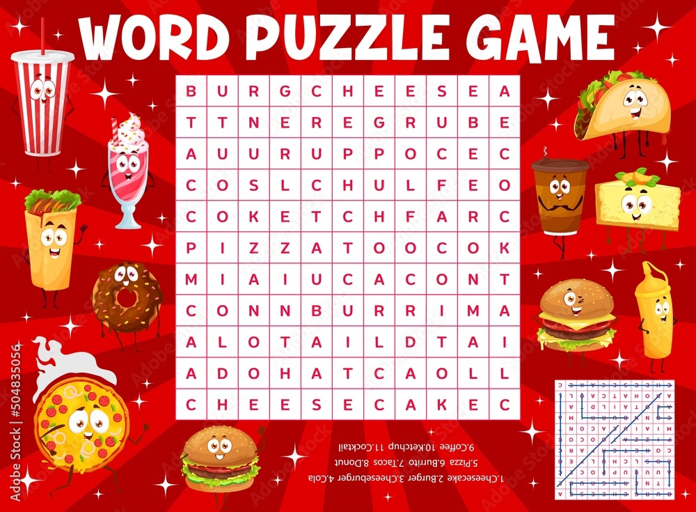 Cartoon takeaway fast food and drinks characters, word search puzzle ...
