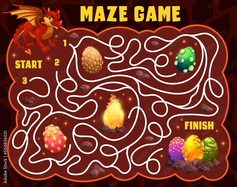 Labyrinth maze riddle with cartoon dinosaur or dragon and eggs in cave ...