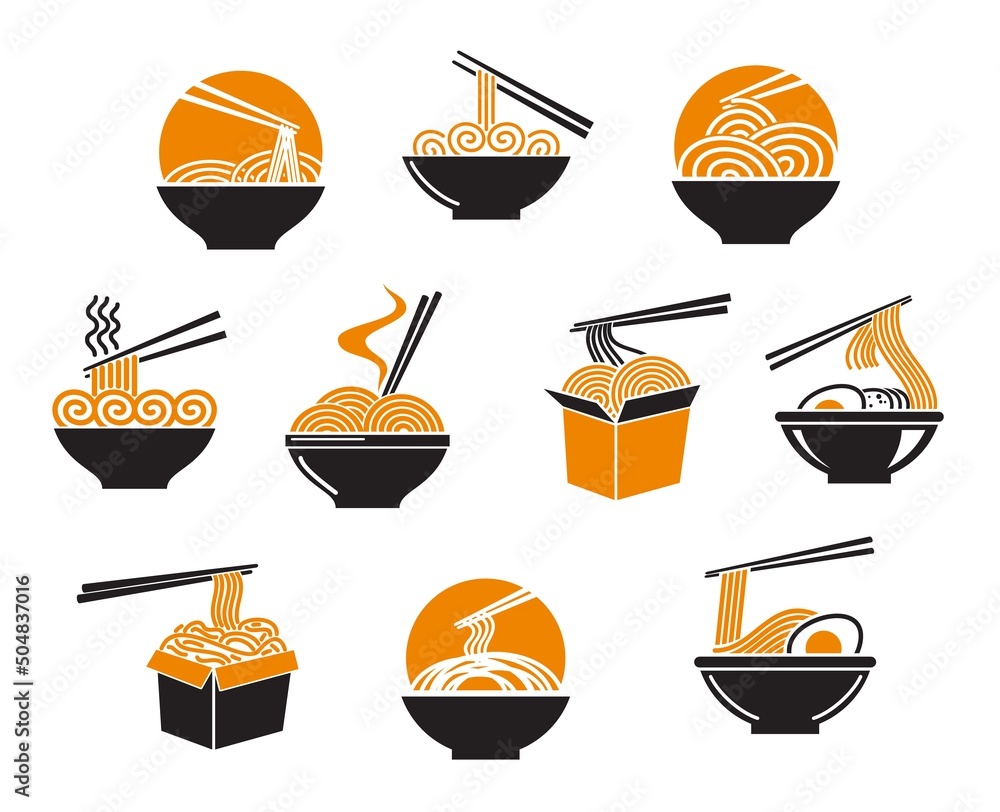 Asian ramen bowl and box of noodle soup, vector food icons for Chinese ...