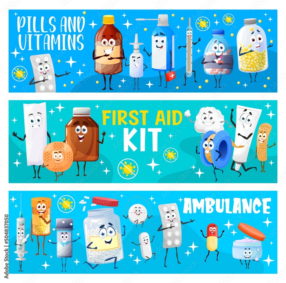 First aid kit, pills and vitamins with ambulance cartoon characters ...