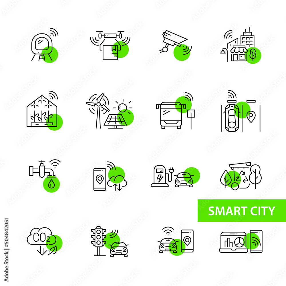 Smart city icons set. CCTV, drone delivery, smart parking and traffic ...