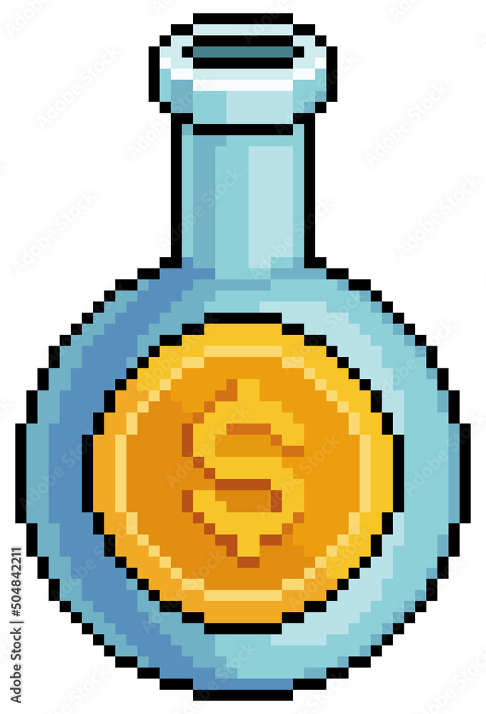 Pixel art potion of money. Potion pot with coin vector icon for 8bit ...