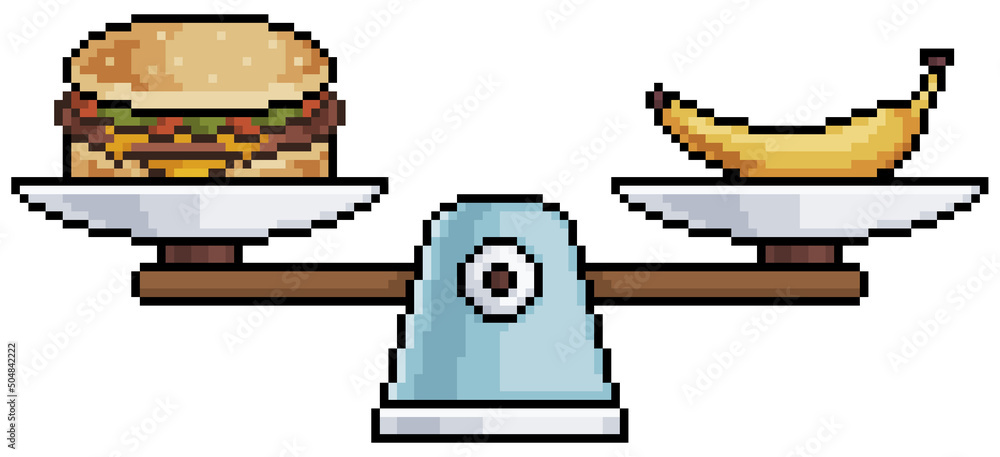 Pixel art food scale. Healthy food vs bad food vector icon for 8bit ...
