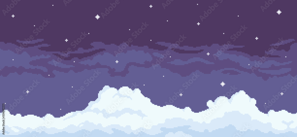 Pixel art night sky background with clouds and stars for game 8 bit ...
