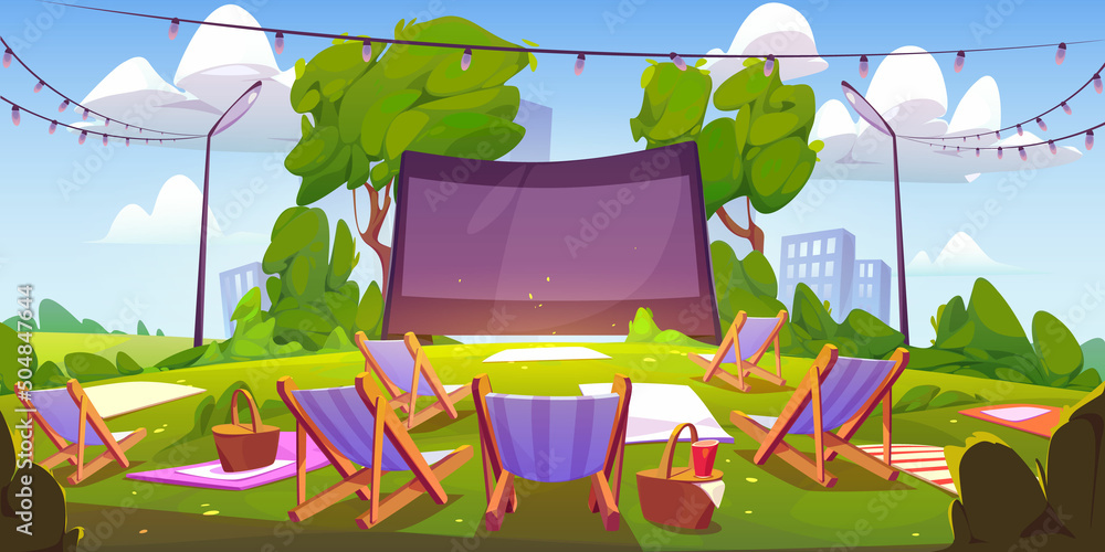 Open air cinema on green lawn in city park, garden or backyard. Vector ...