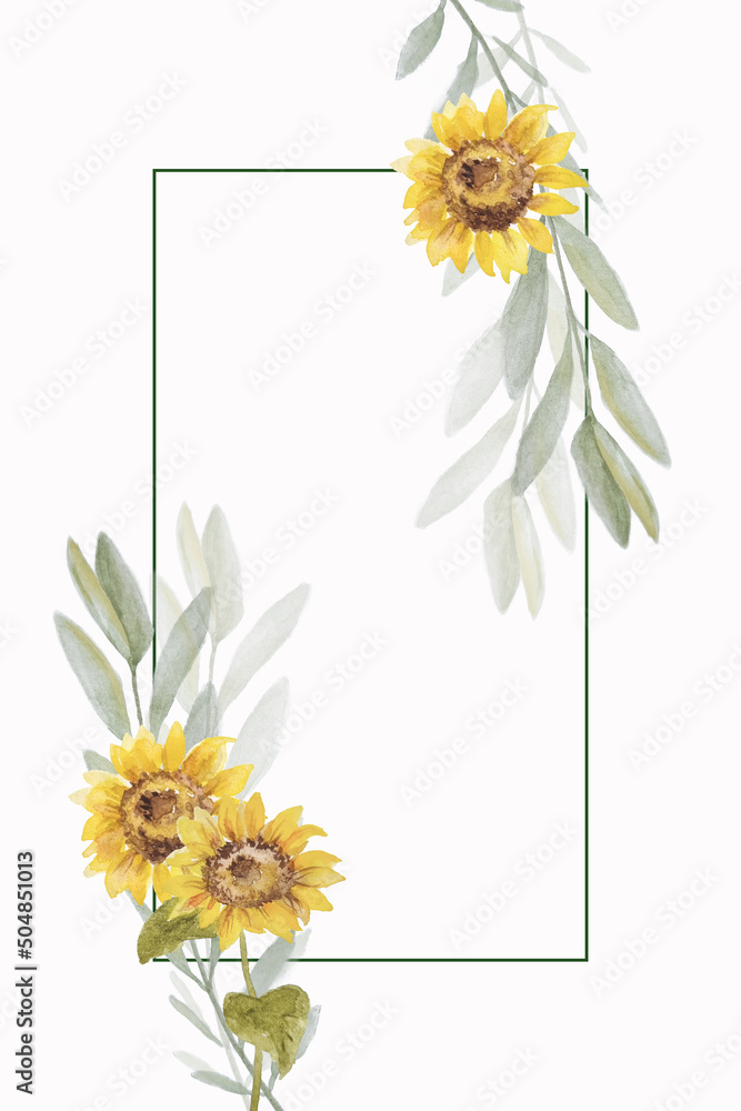Watercolor hand drawn frame with sunflowers use for invitations or ...
