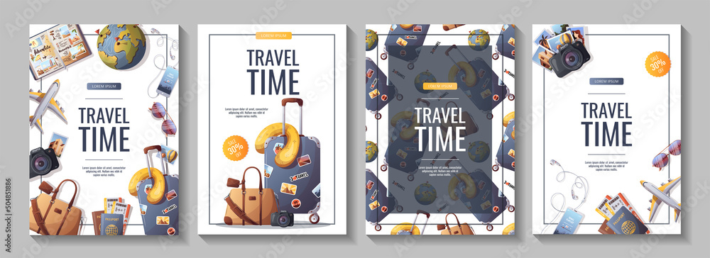 Set of flyers for travel, tourism, adventure, journey. Suitcase ...