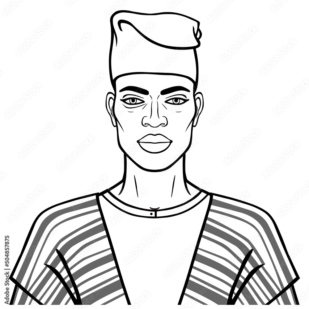 Animation portrait of beautiful African man in a cap. Monochrome linear ...