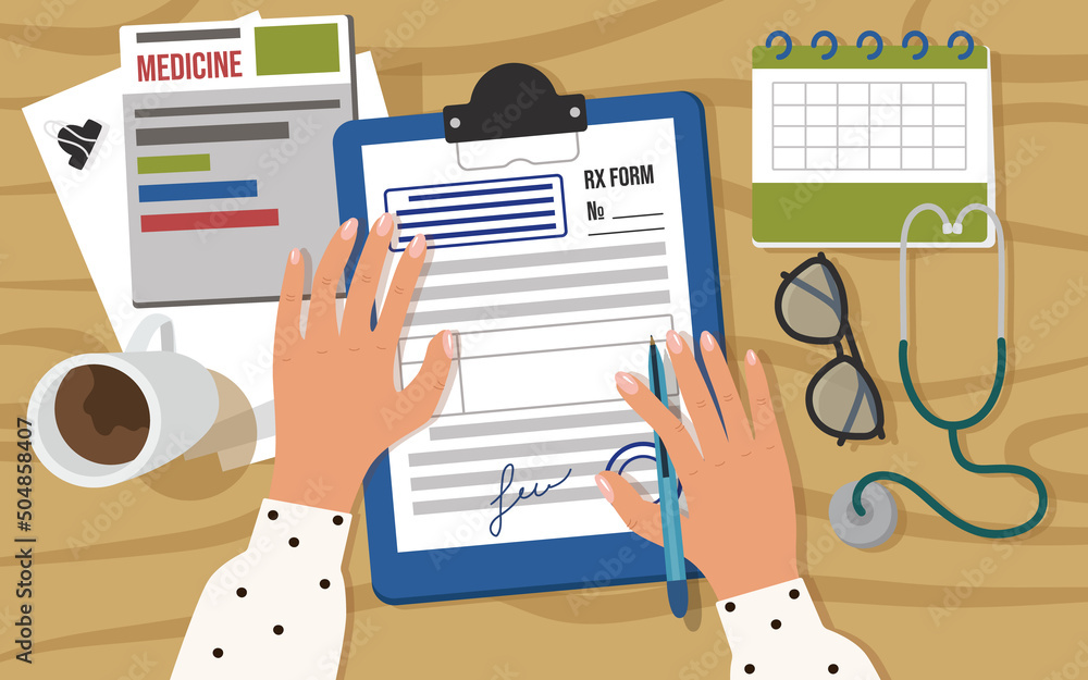 Female doctor fills out an RX pharmaceutical prescription form for ...