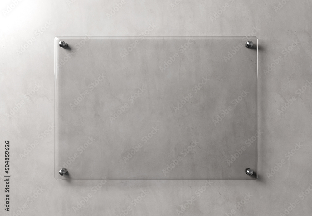 Transparent glass sign plate on wall mockup. Template of a blank ...