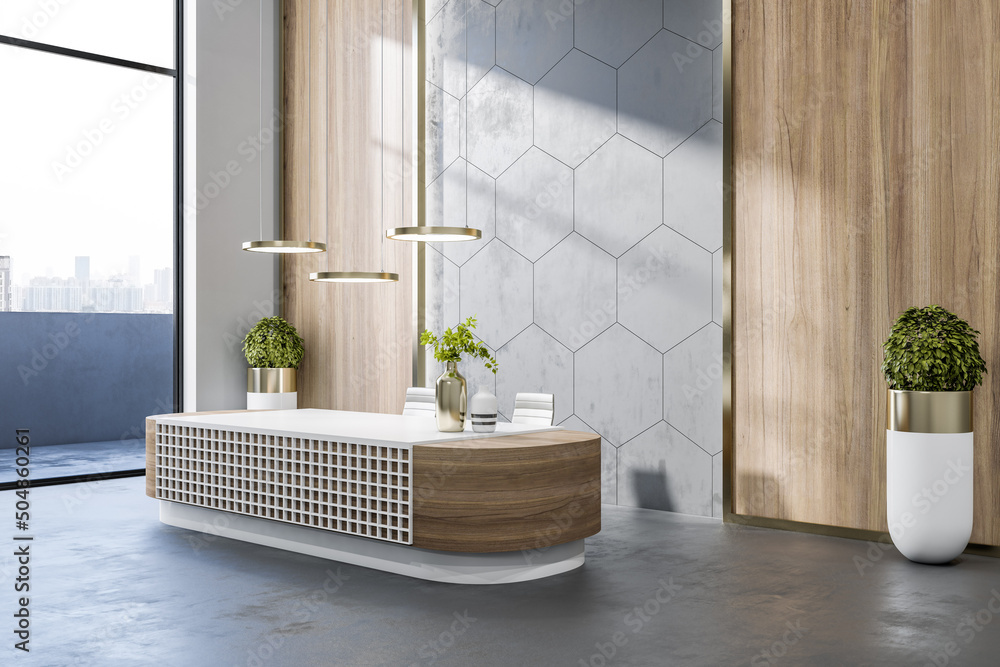 Side view on reception area in sunny business center hall with wooden ...