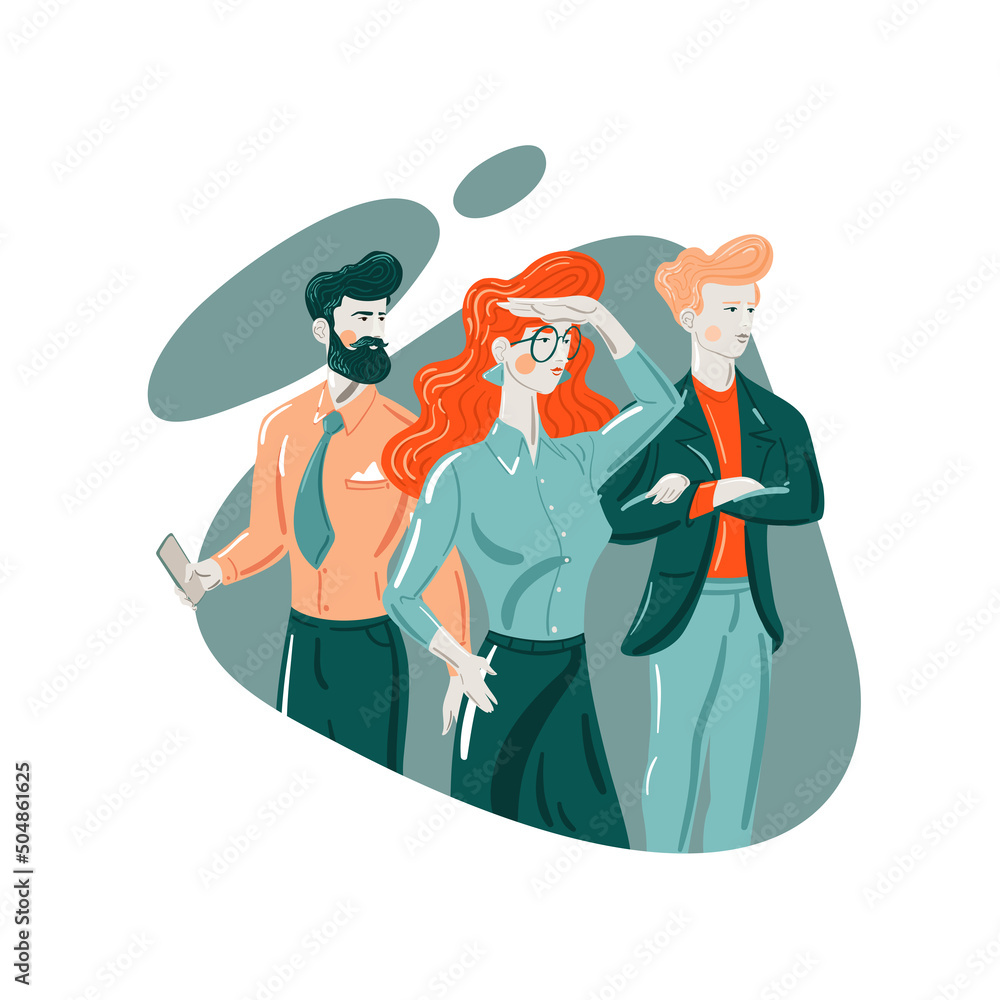 People looking into the future. Vector illustration with three people ...
