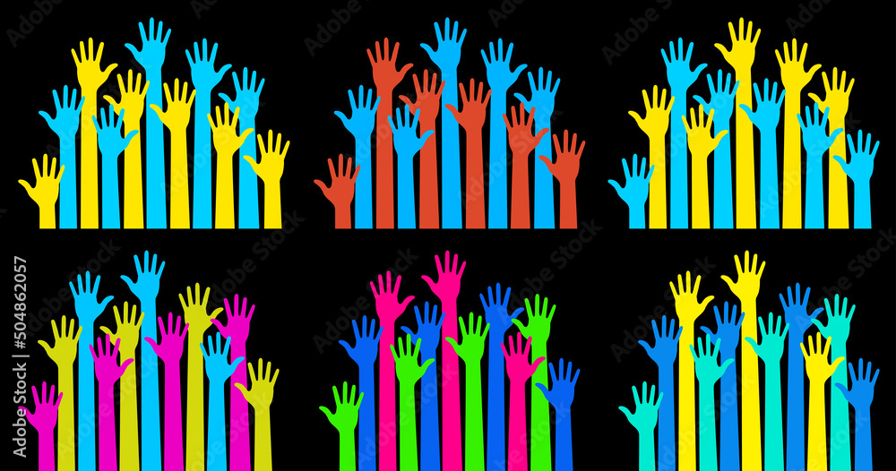 Vibrant caring up hands set. Logo design element. Volunteers hands up ...