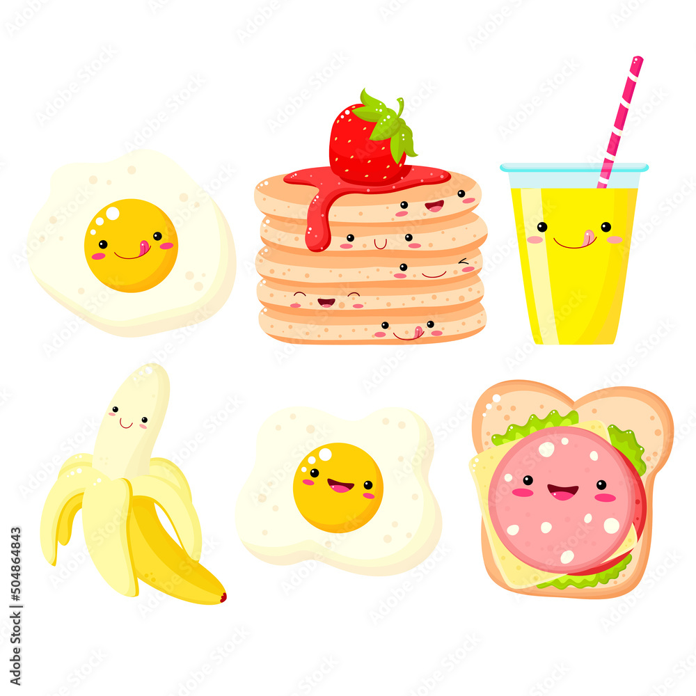 Breakfast time. Set of cute food icons in kawaii style for sweet design ...