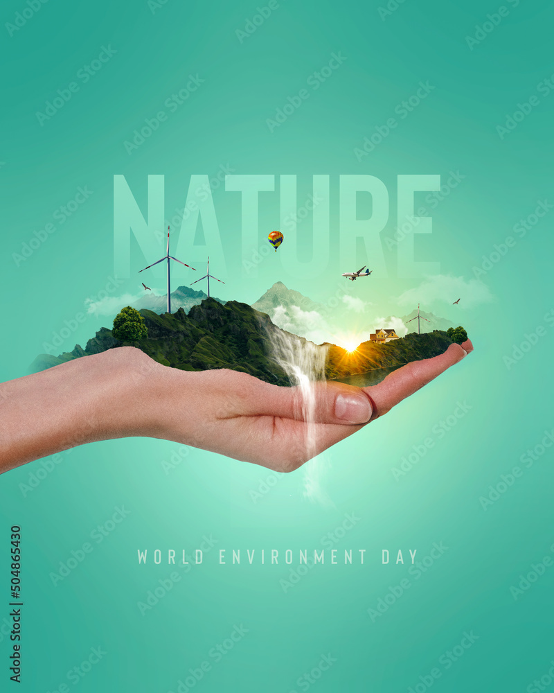 World environment day text with a hand and nature landscape creative ...
