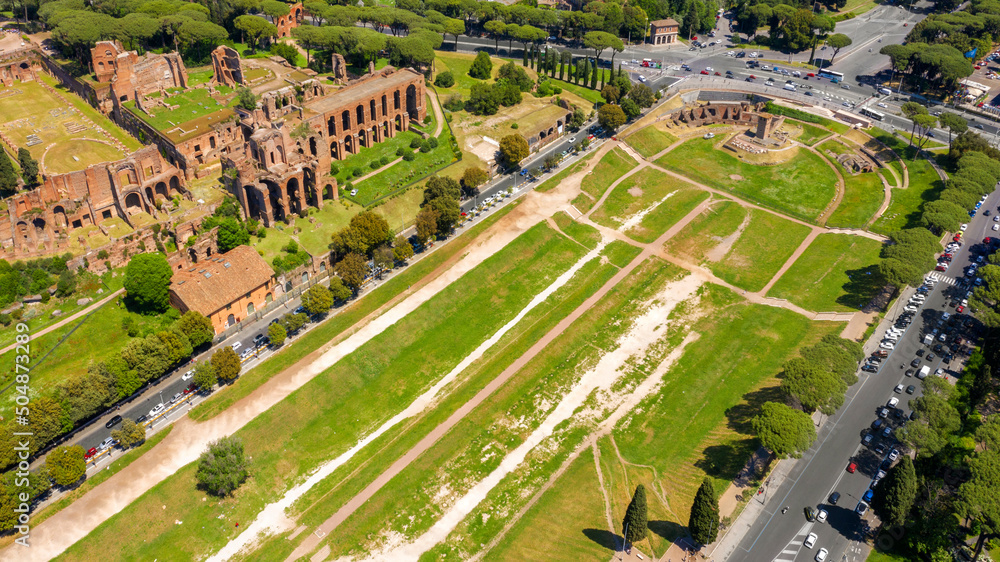 Aerial view of Circus Maximus, an ancient Roman chariot-racing stadium ...