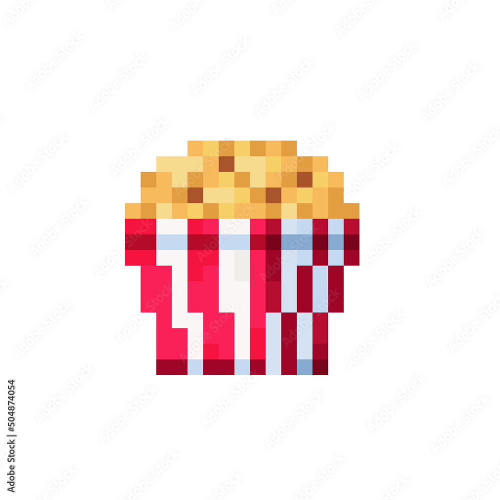 Popcorn icon. Flat design. Pixel art style. Fast food at the cinema. 8 ...