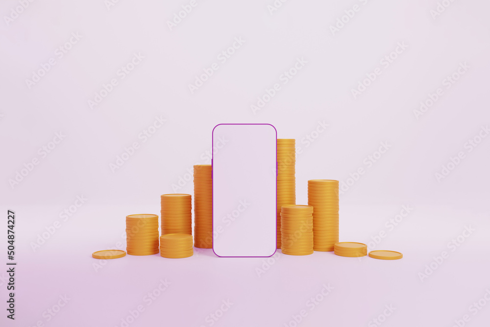 Smartphone and golden coin stacks. 3D money with technology business ...