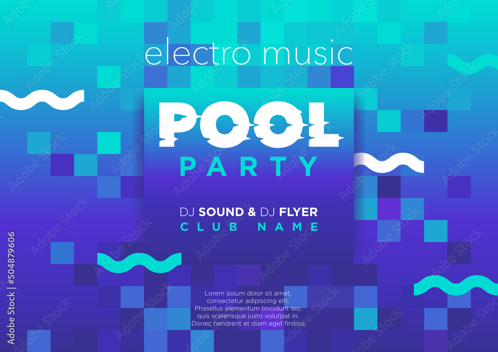 Horizontal pool party flyer with blue mosaic background, graphic ...
