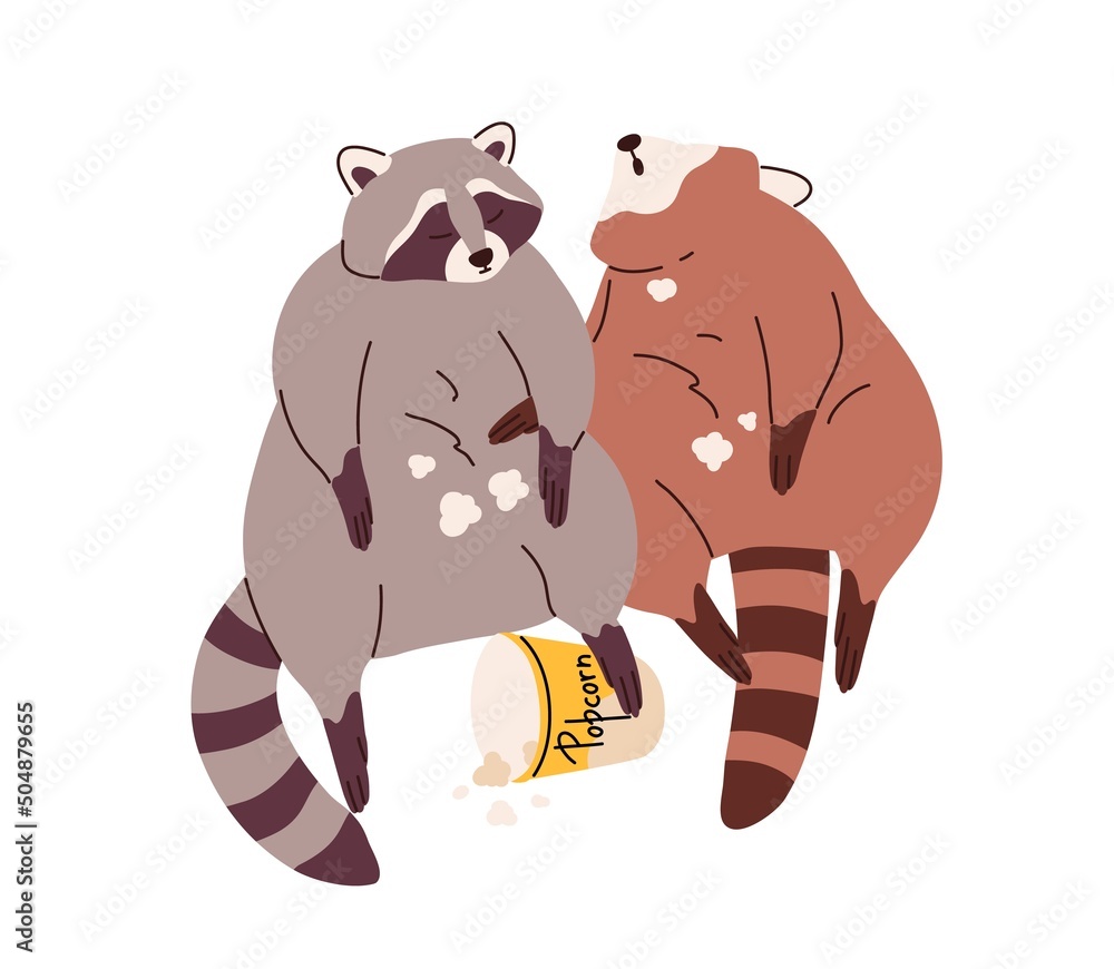 Cute lazy fat raccoons eating food. Funny racoons couple overeating ...