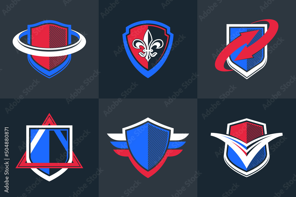 Classic shields shapes set with different additional elements vector ...
