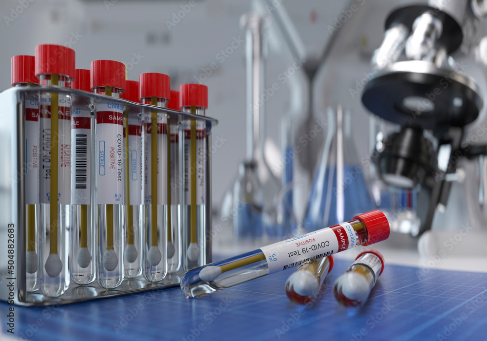 Collection of positive Covid-19 test tubes and a modern laboratory 3d ...