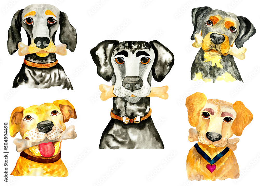 Watercolor set of dogs portraits with bones in a mouth isolated on ...