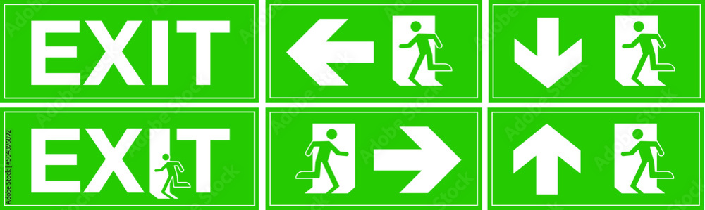 Emergency exit sign. Man running out.Different directions set Stock ...