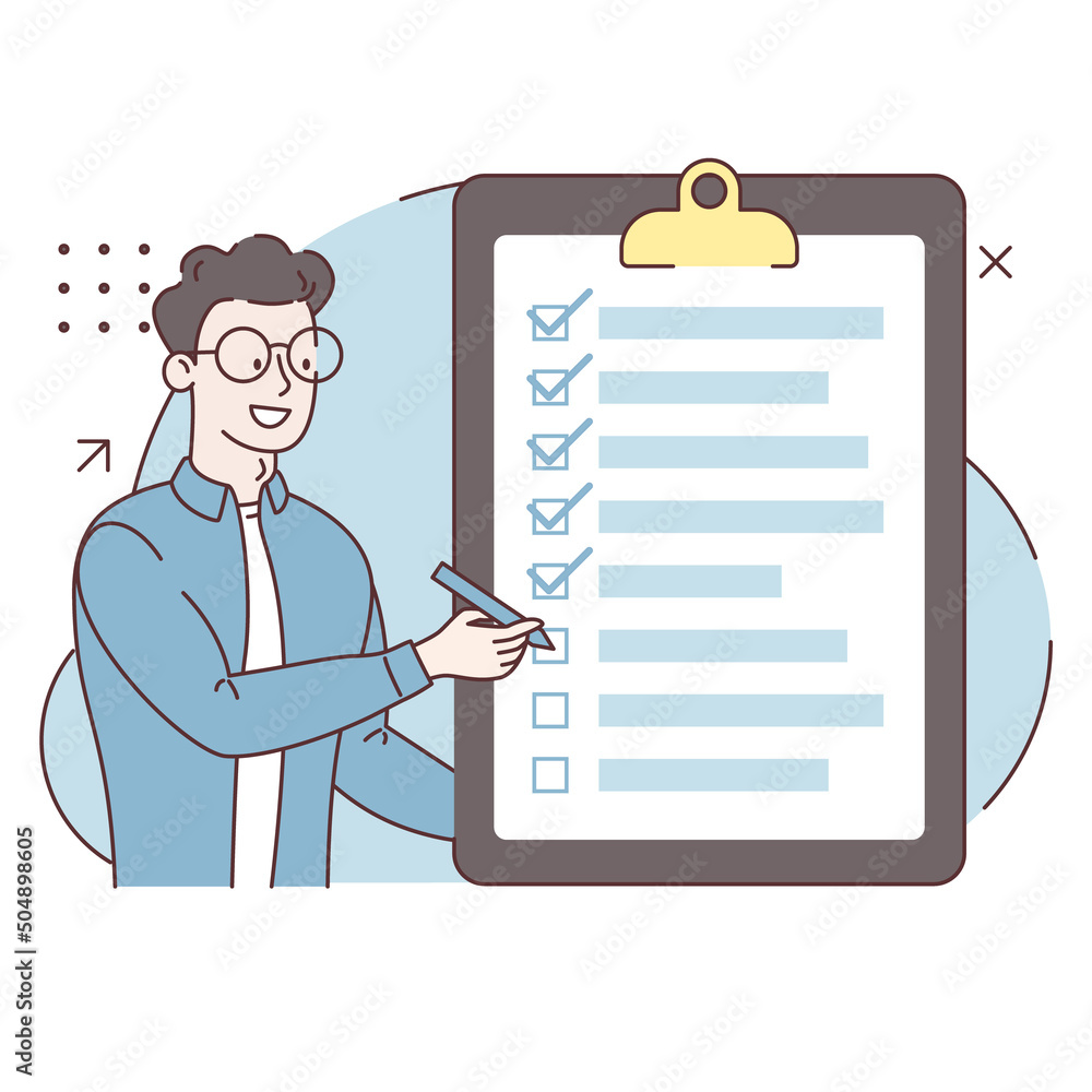 Man with check list. Checklist for work completion, review plan ...
