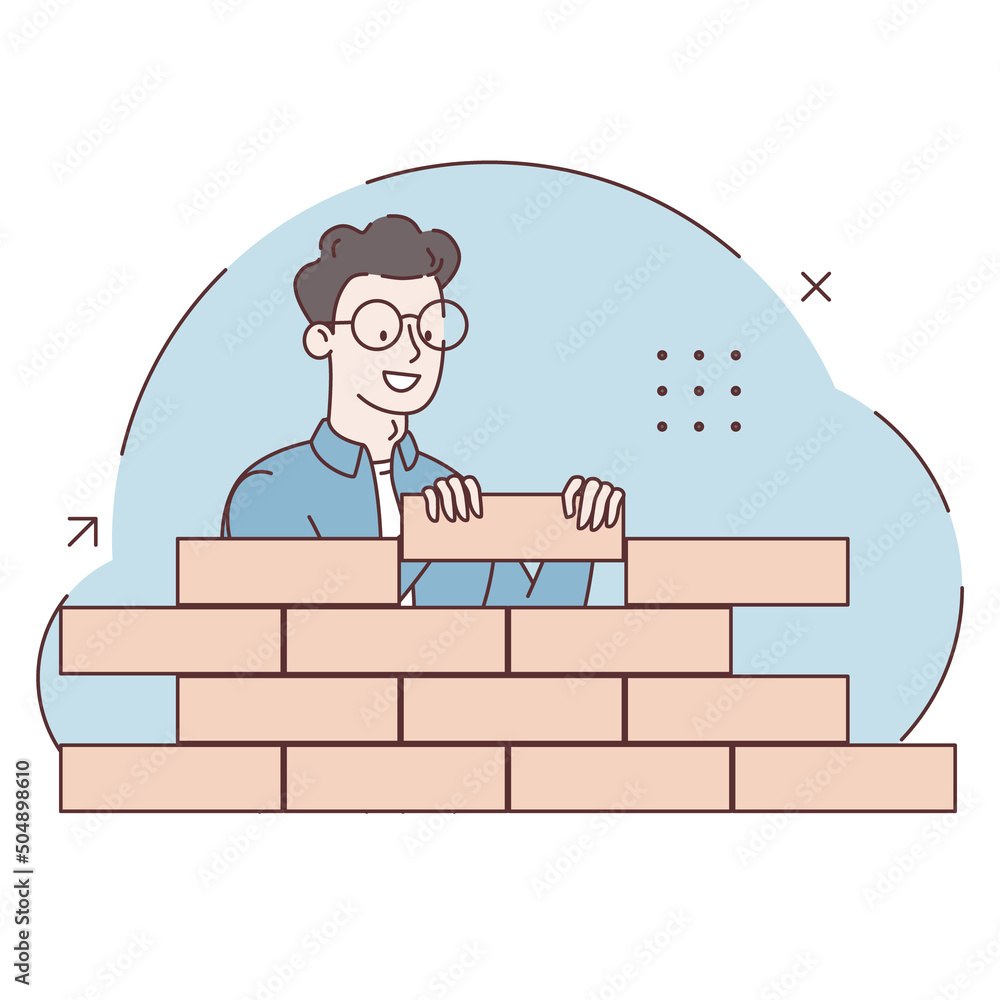 Happy man building a wall with bricks. Business start from the first ...